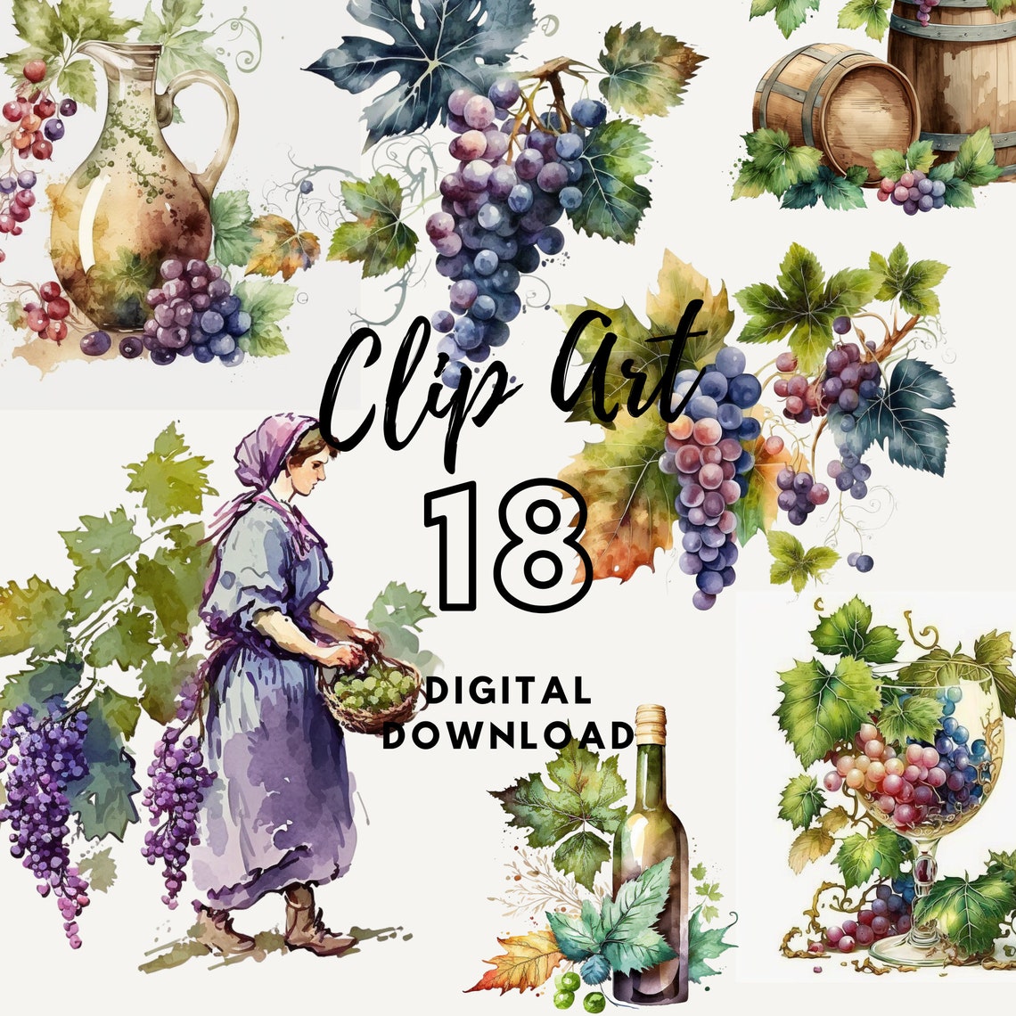 Watercolor Grape Harvest Clip Art, Wine Greenery, Vines Leaves ...
