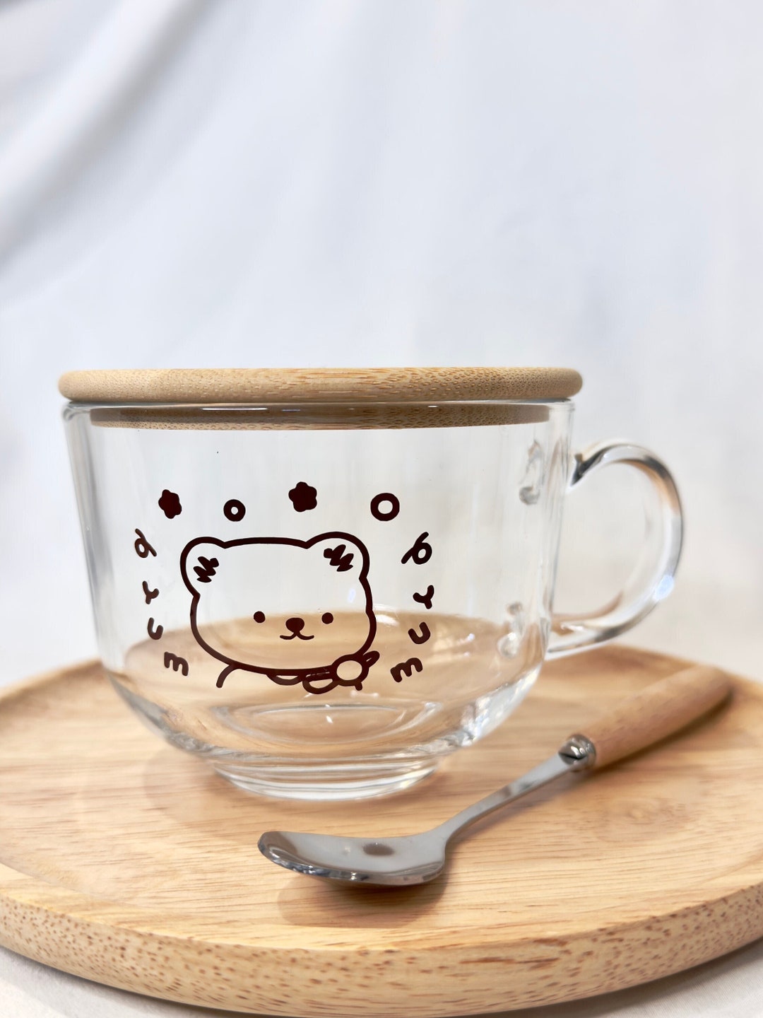 Cute Drinking Glass Mug With Lid and Spoon Cute Bear Glass Mug Korean ...