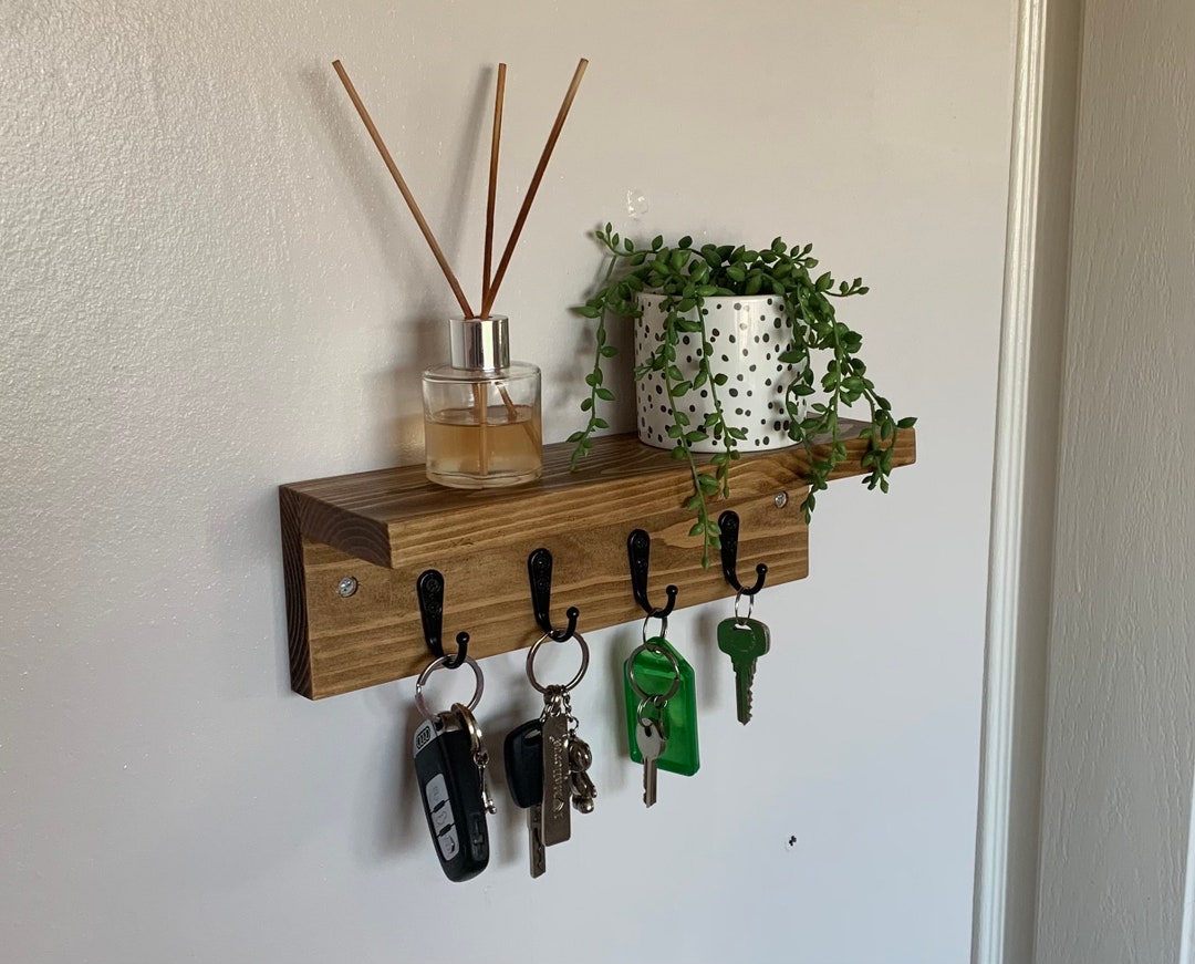 Dark Oak Waxed Wall Mounted Key Holder With Shelf “black Hooks” Key ...