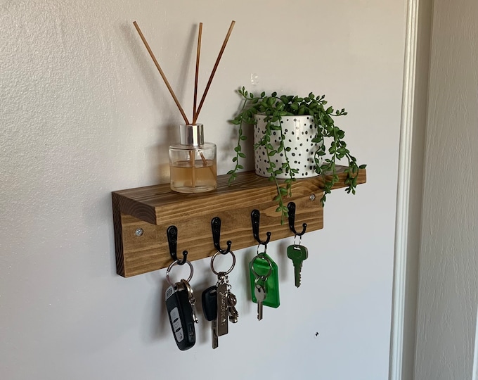 Dark Oak Waxed Wall Mounted Key Holder With Shelf “black Hooks” Key ...