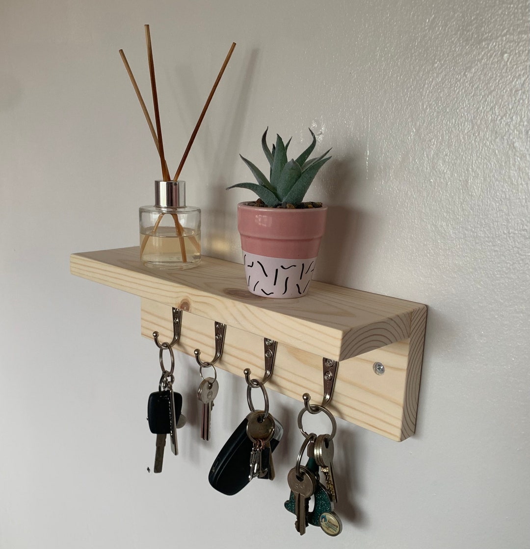 Handmade Wall Mounted Key Holder With Shelf “silver Hooks” Key Holder ...