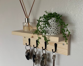 Dark Oak Waxed Wall Mounted Key Holder With Shelf black Hooks Key ...