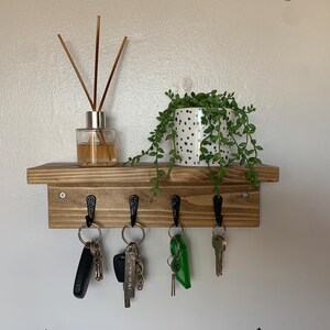 Dark Oak Waxed Wall Mounted Key Holder With Shelf “black Hooks” Key ...