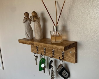 Dark Oak Waxed Wall Mounted Key Holder With Shelf black Hooks Key ...