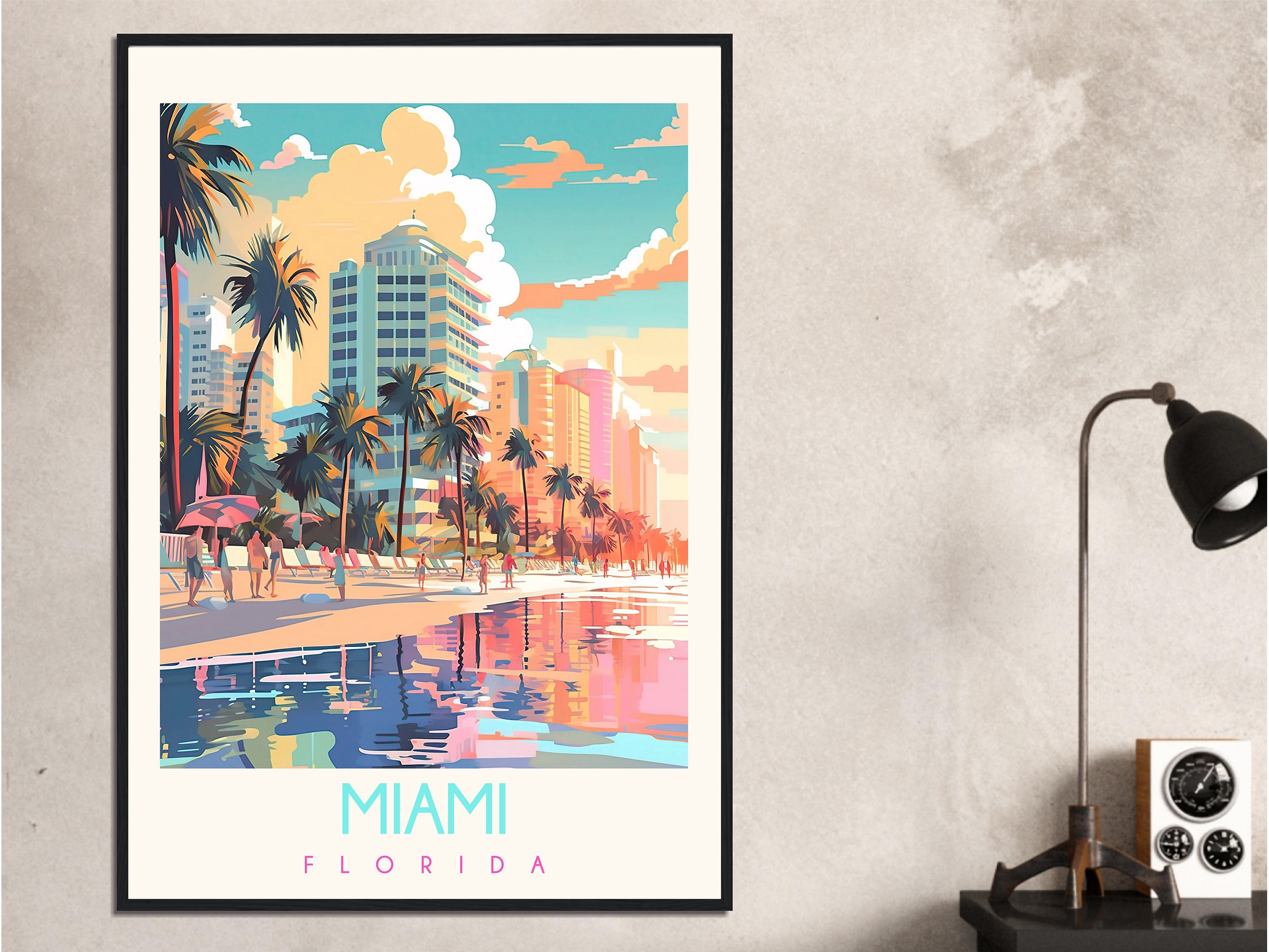 Miami Travel Poster South Beach Florida Vintage USA Wall Art Palm Tree ...