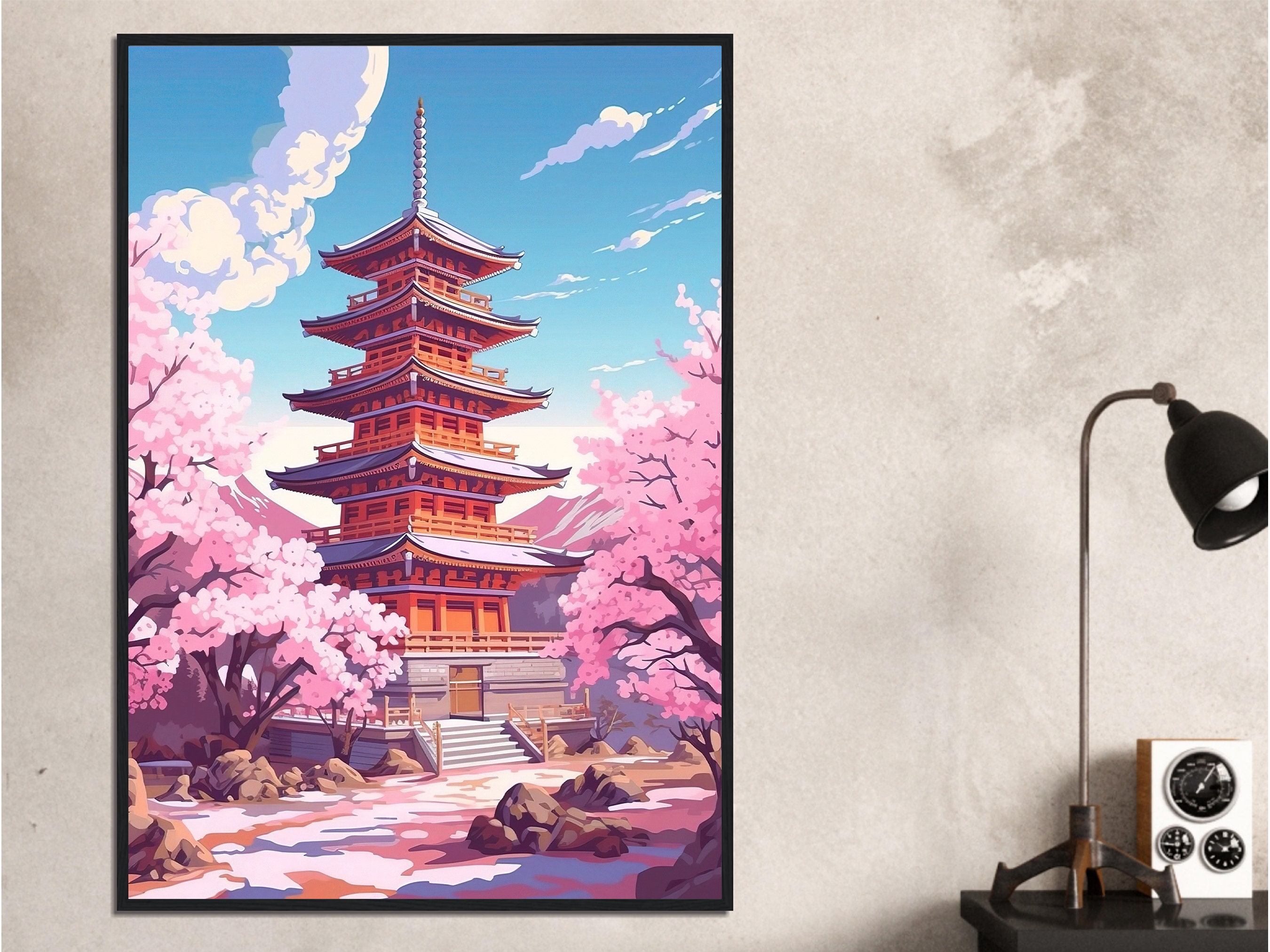 Japanese Temple Travel Poster Cherry Blossom Vintage Wall Art - Etsy