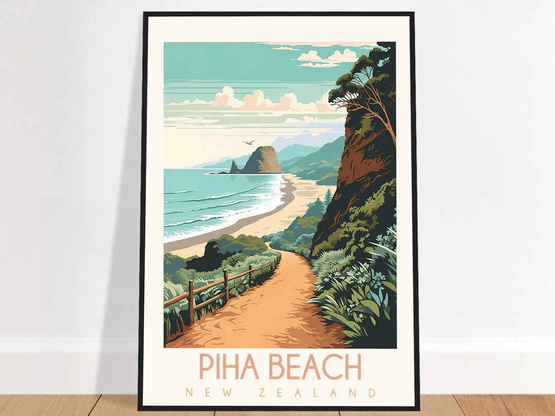 Piha Beach Travel Poster Auckland New Zealand Vintage NZ Wall Art Home ...
