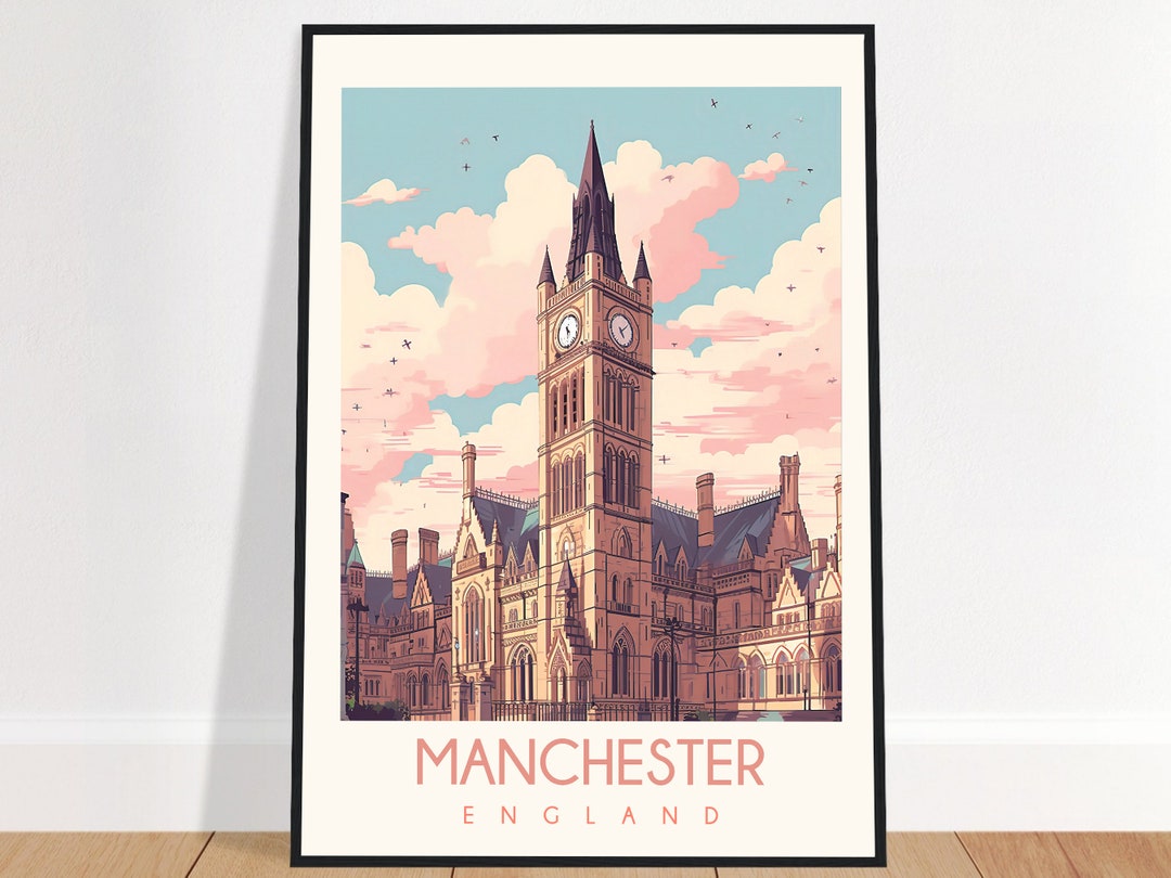 Manchester Travel Poster Town Hall England Vintage British Wall Art ...