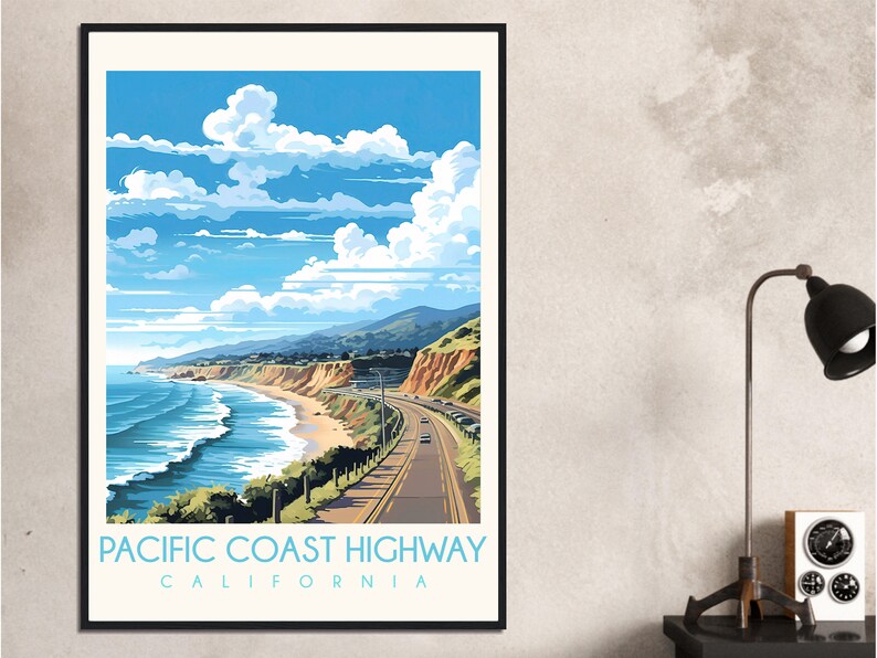 Pacific Coast Highway Travel Poster California USA Vintage Beach Wall ...