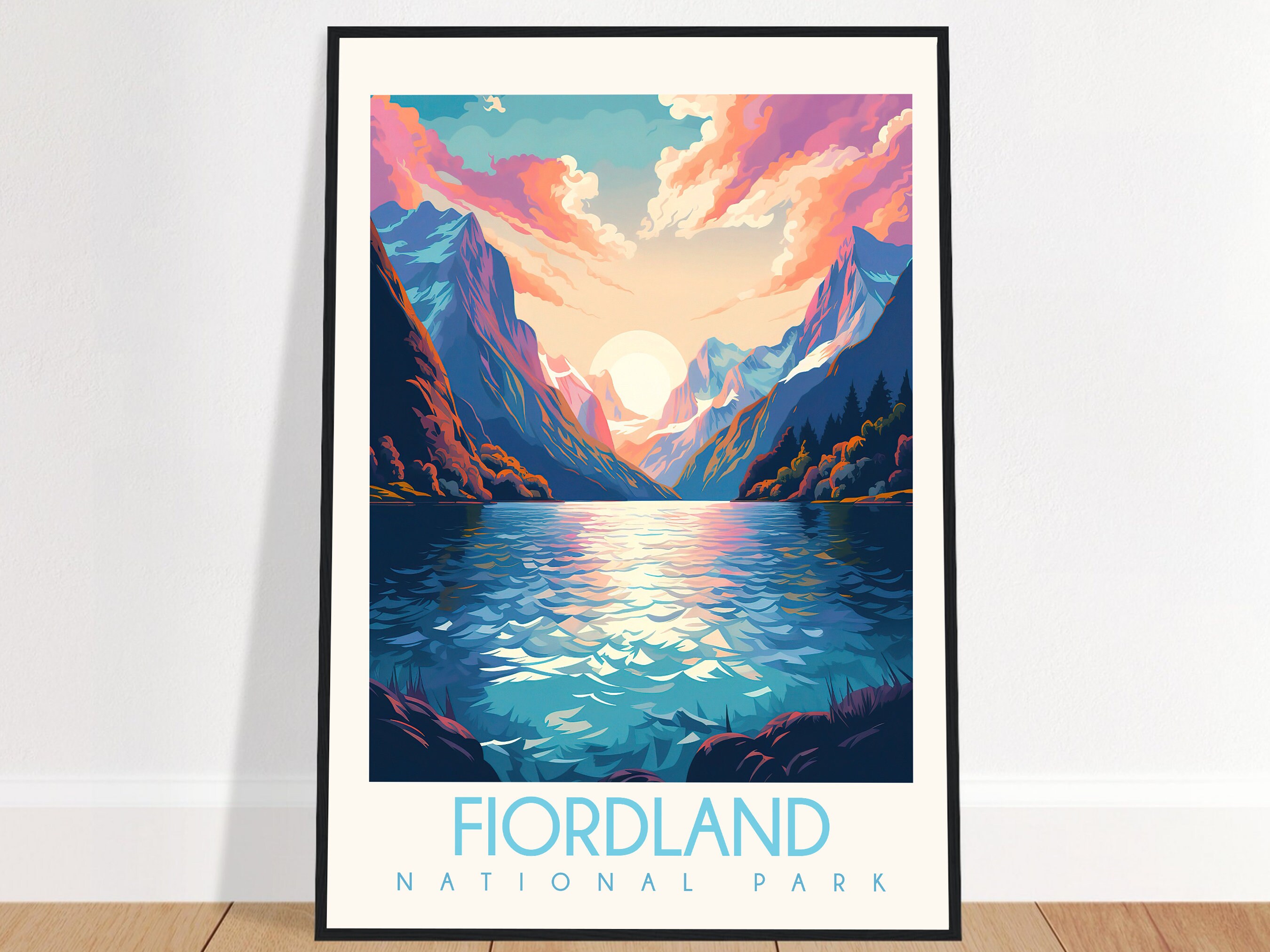 Fiordland National Park Travel Poster New Zealand Vintage South Island ...
