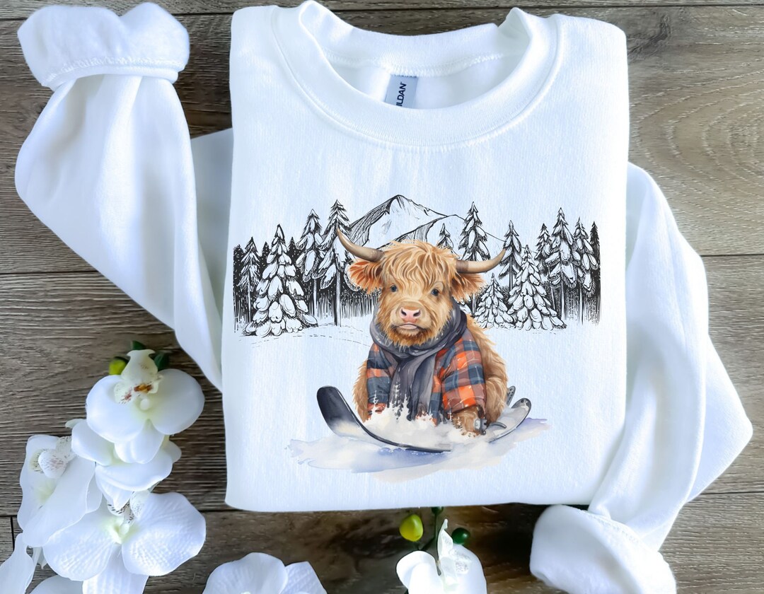 Highland Cow Crewneck Sweatshirt, Cow Winter Sweatshirt, Snowboarding ...