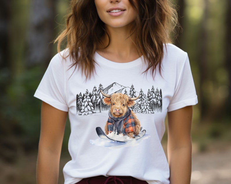 Highland Cow Crewneck Shirt, Cow Winter Shirt, Snowboarding Shirt, Gift ...
