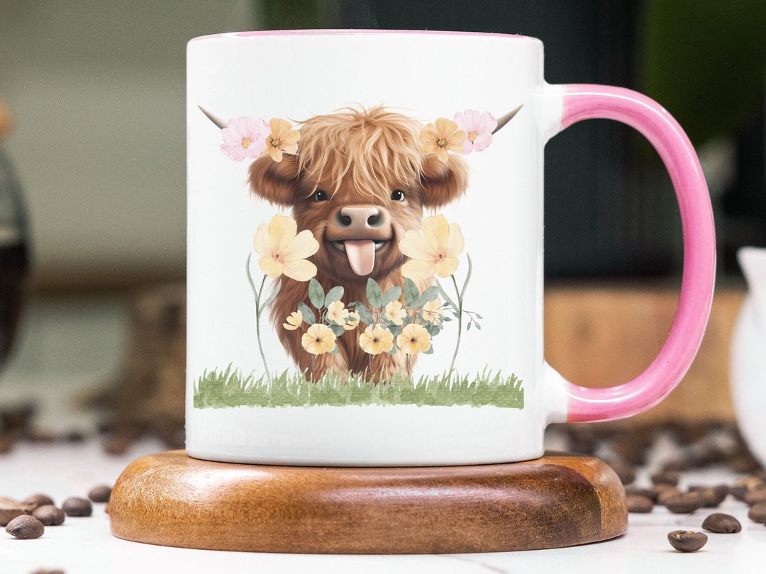 Highland Cow Coffee Mug, Floral Cow Mug, Cute Cow Gift for Mom, Fluffy ...
