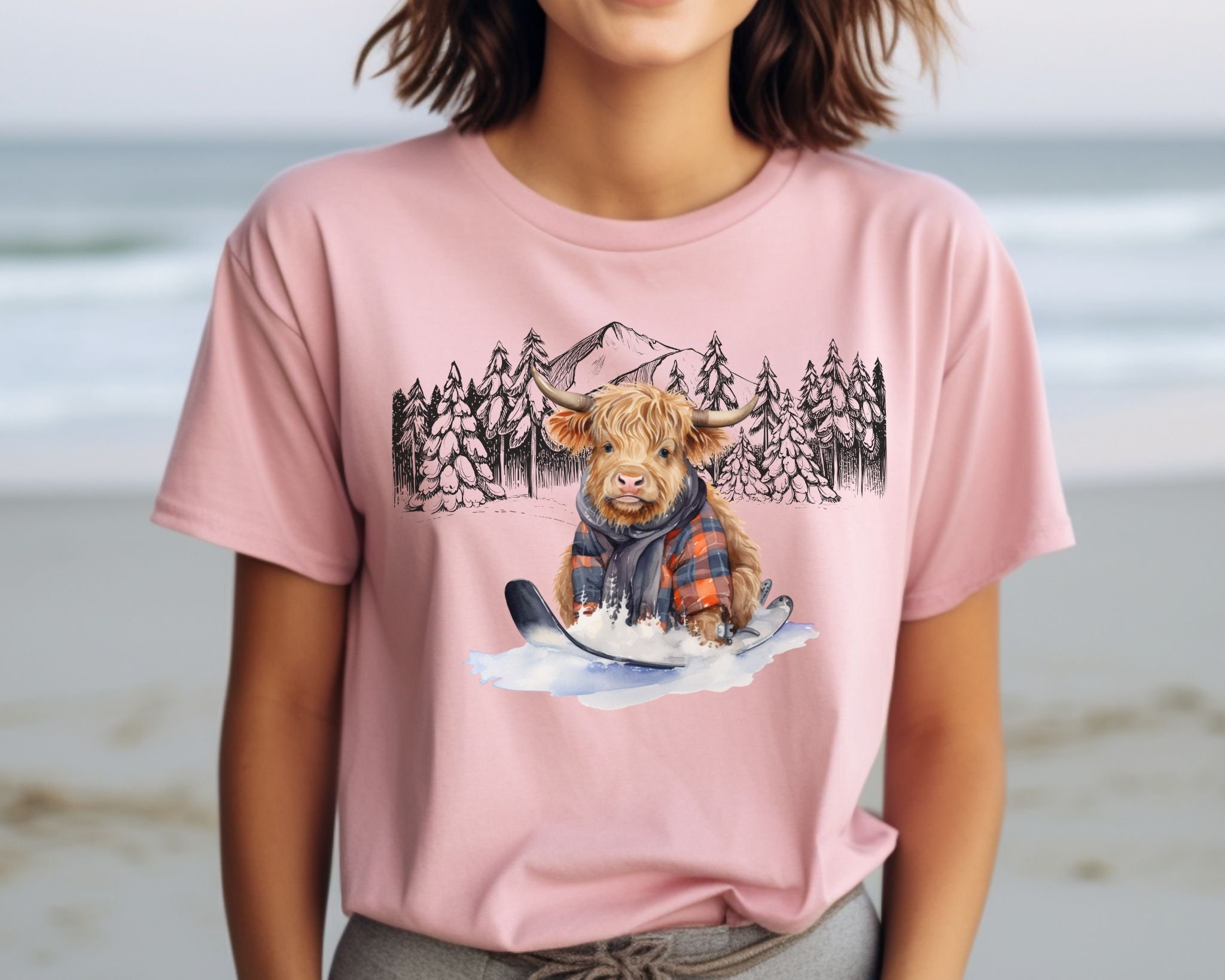Highland Cow Crewneck Shirt, Cow Winter Shirt, Snowboarding Shirt, Gift ...