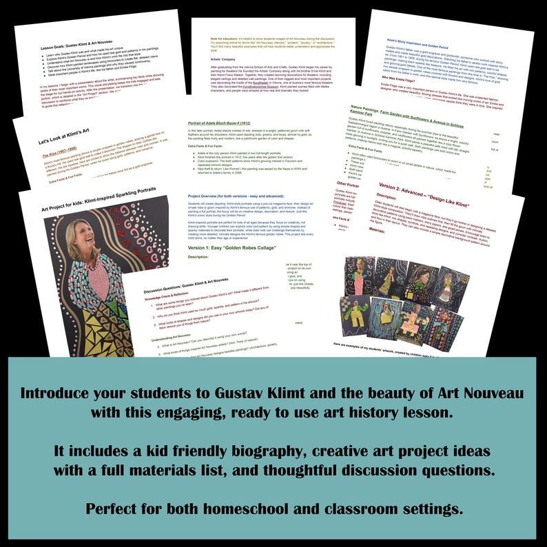 Gustav Klimt Art Lesson for Kids Printable Art Nouveau Artist Study ...