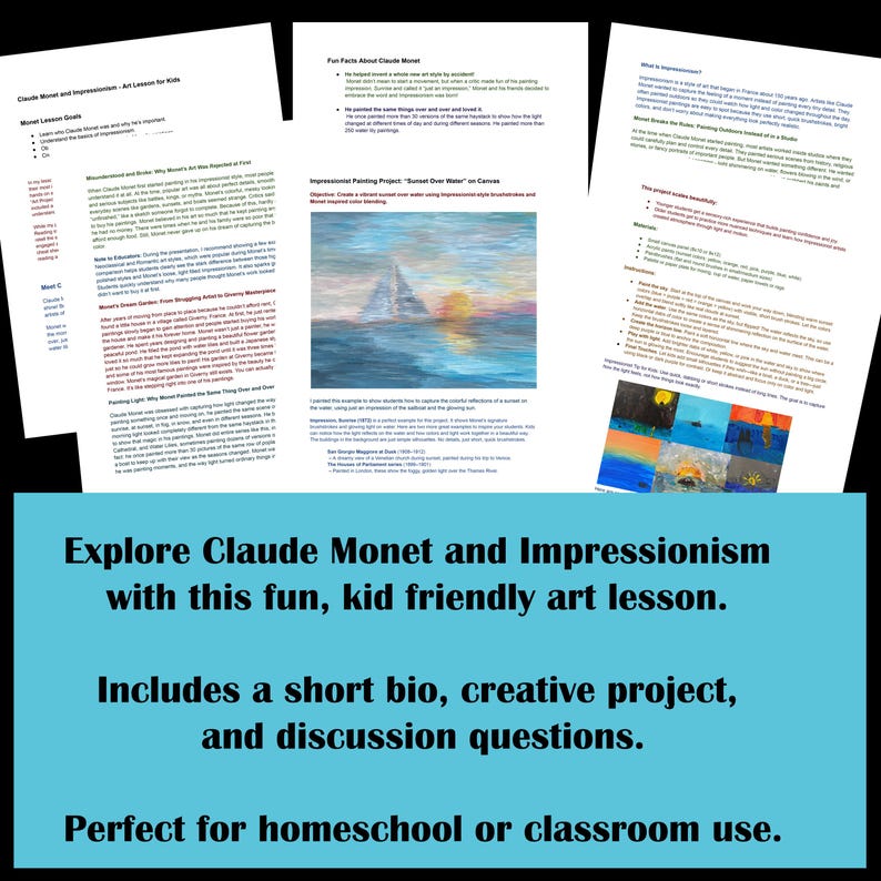 Claude Monet Art Lesson for Kids Impressionism Art History Project ...