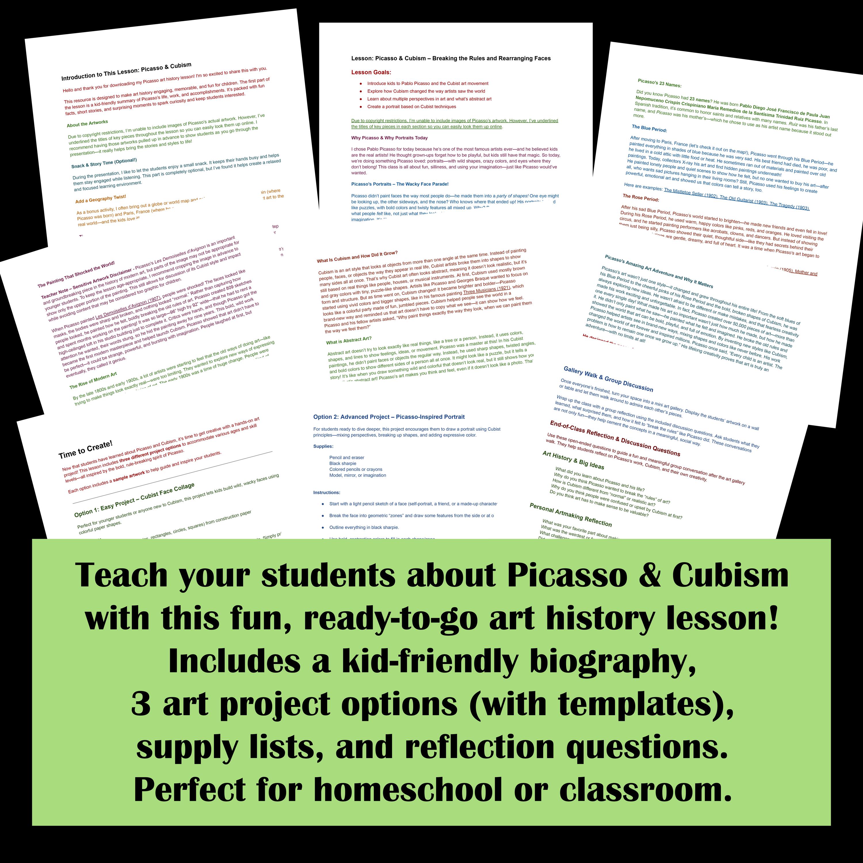 Picasso Art Lesson for Kids: Cubism Projects & Templates (PDF Download ...