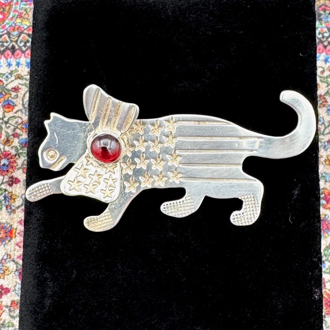 Vintage Grady Alexander Patriotic Cat Brooch With Garnet and Sterling ...