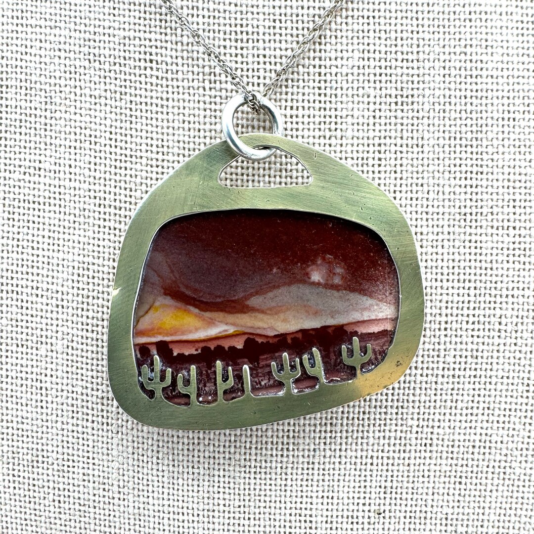 Vintage Artisan Reversible Landscape Picture Jasper Pendant in Two Tone ...