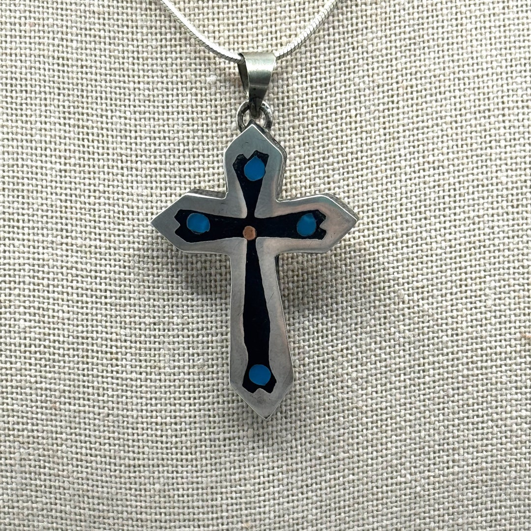 Antique Taxco Mexico Sterling, Enamel and Obsidian Cross Pendant - Etsy