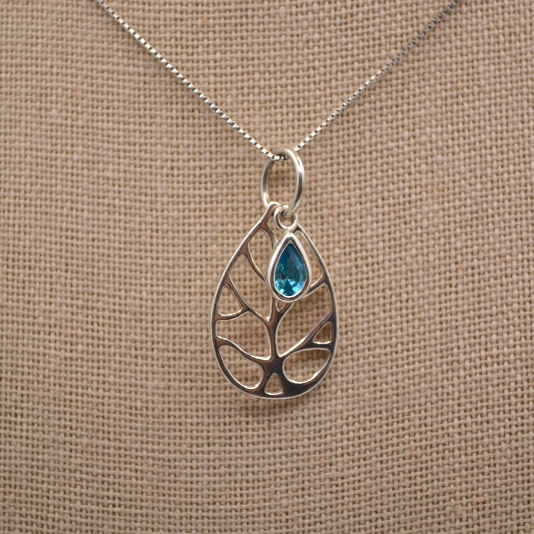 Vintage Sterling Open Leaf Design Pendant With Blue Stone (topaz?) and ...