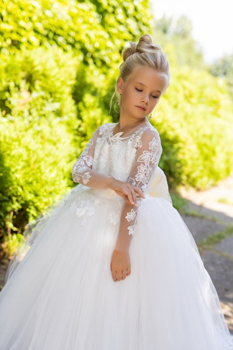 Flower Girl Dress Tulle Girl Dress With Train Lace Flower Girl Dress