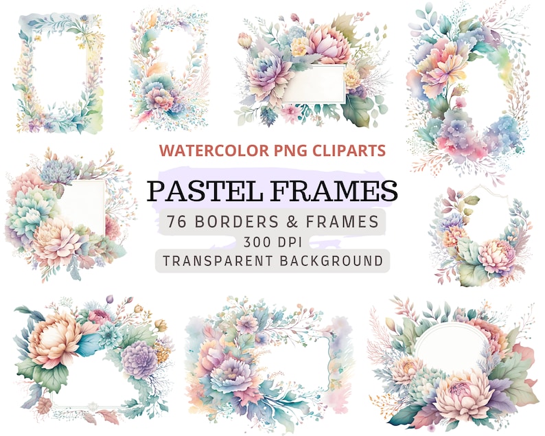 76 Pastel Frames PNG, Watercolor Pastel Floral Cliparts, Pastel Borders ...