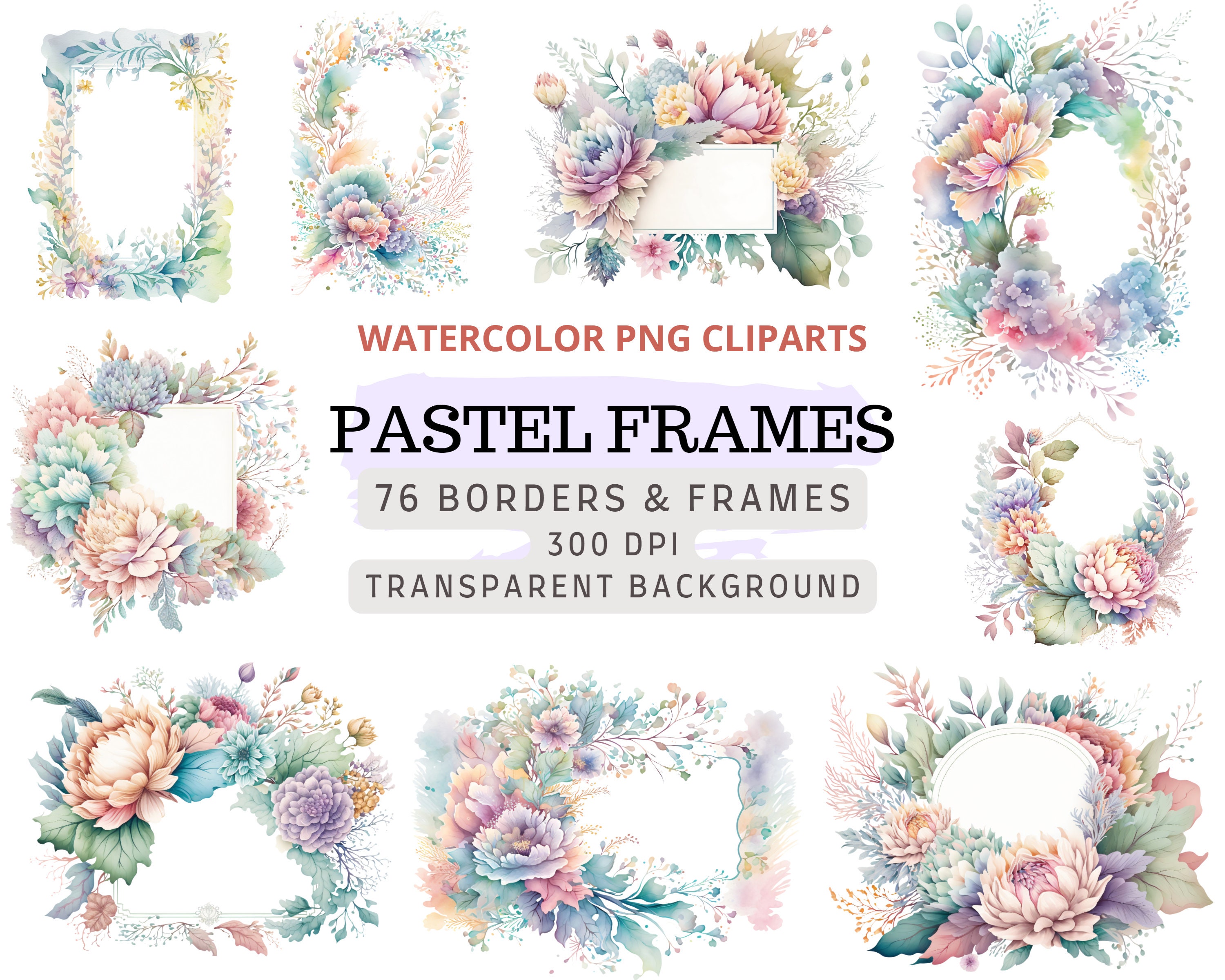 76 Pastel Frames PNG, Watercolor Pastel Floral Cliparts, Pastel Borders ...