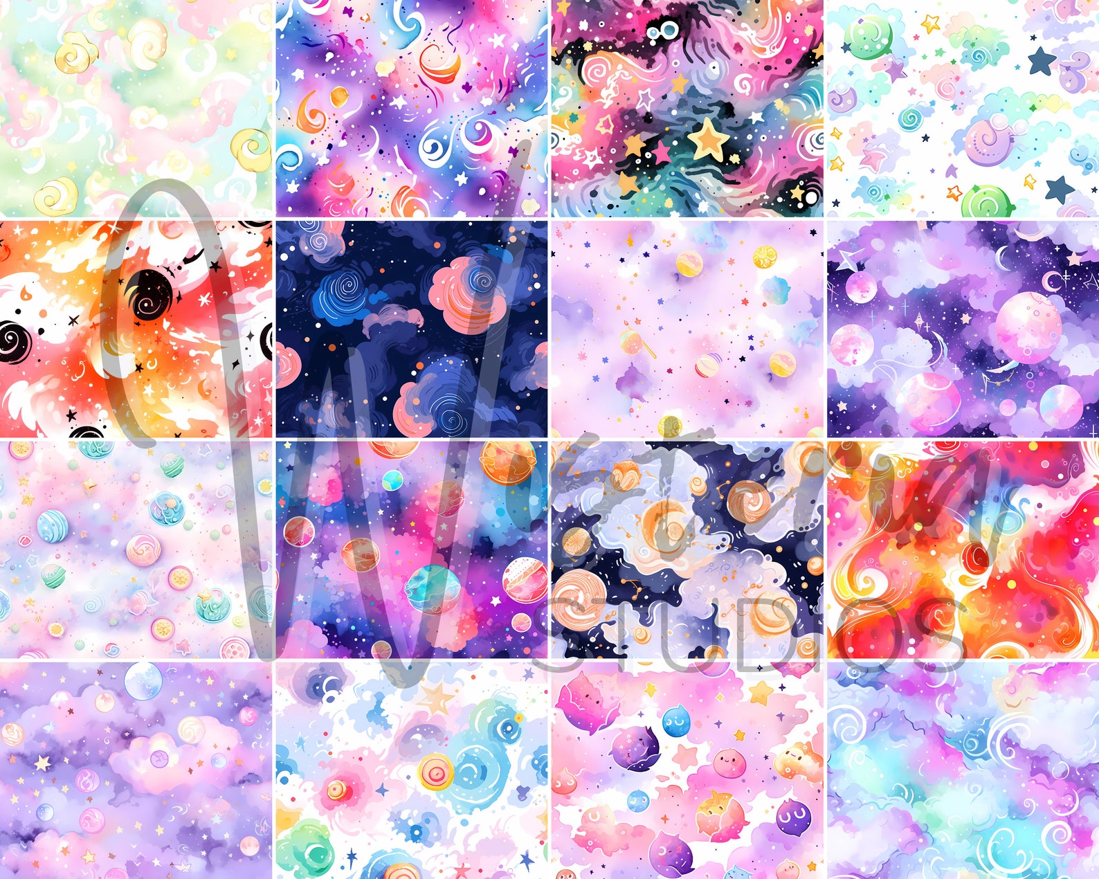 108 Watercolor Whimsical Galaxy Seamless Pattern Designs, Digital ...