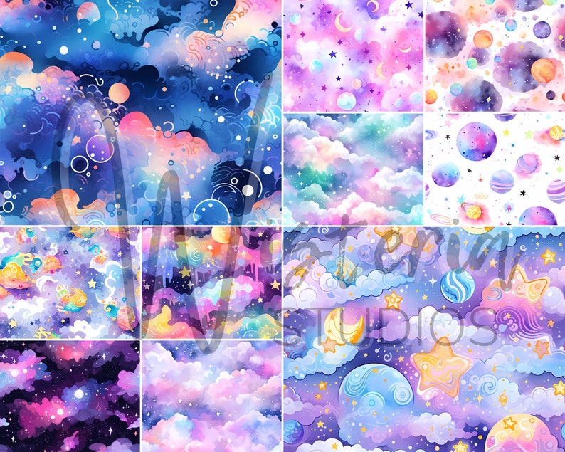 108 Watercolor Whimsical Galaxy Seamless Pattern Designs, Digital ...