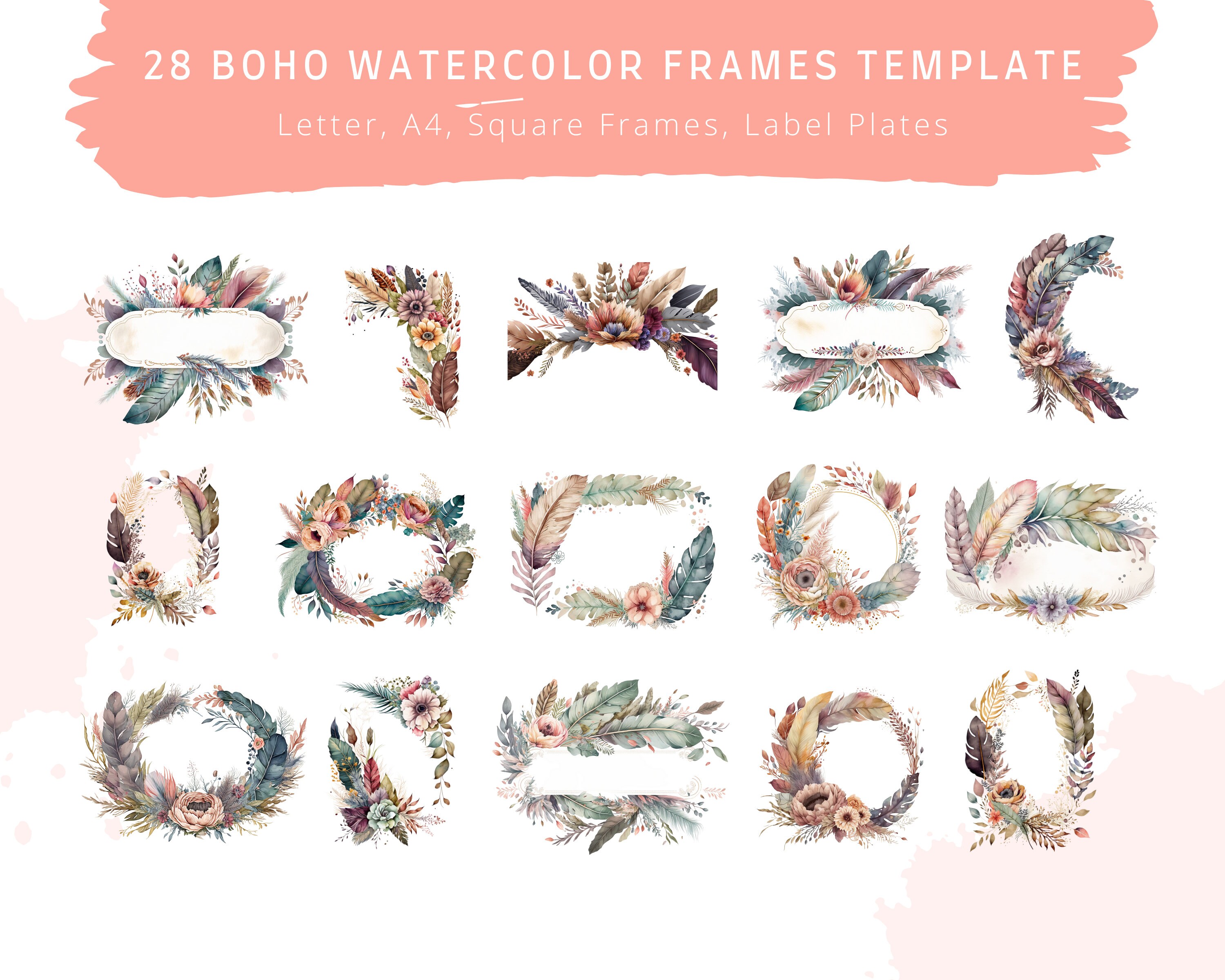 Boho Frames PNG Watercolor Flowers Frames Clipart Elements - Etsy