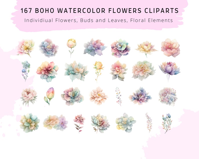 167 Pastel Flowers PNG, Watercolor Pastel Floral Cliparts, Elements ...