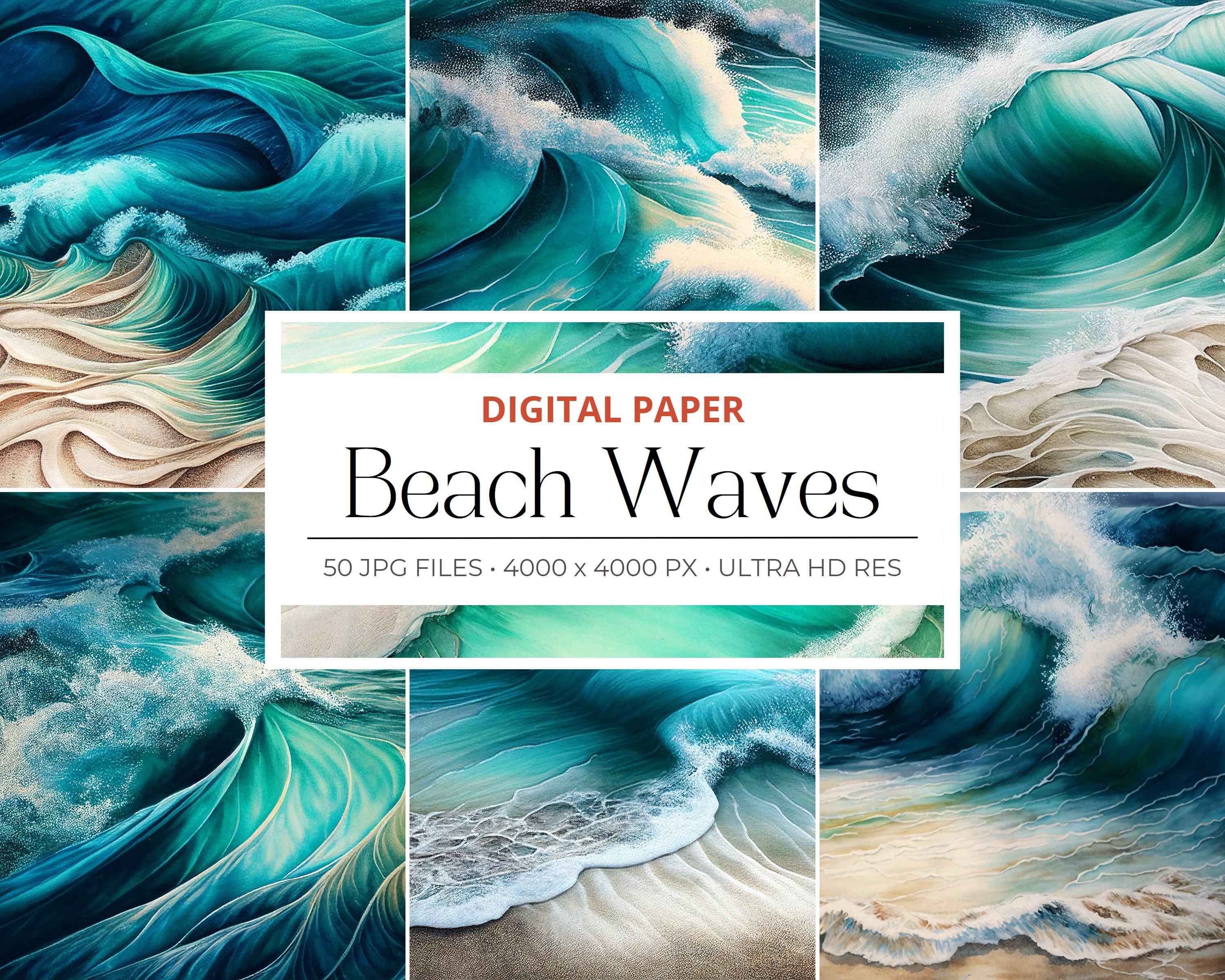 55 Beach Waves Backgrounds, Beach Summer, Waves and Surfing, Digital ...
