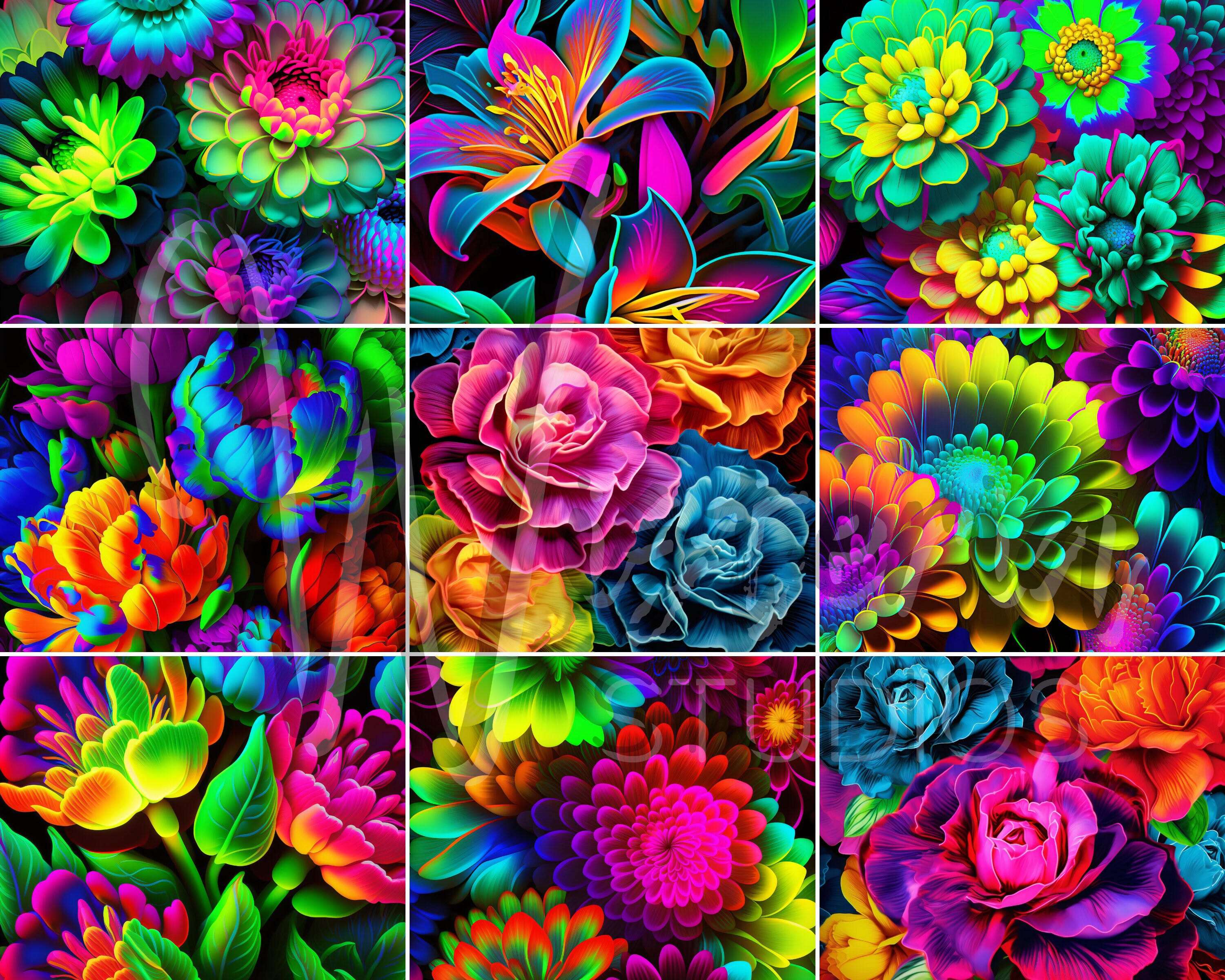 60 Bright Neon Flowers Digital Paper, Abstract Neon Floral Background ...