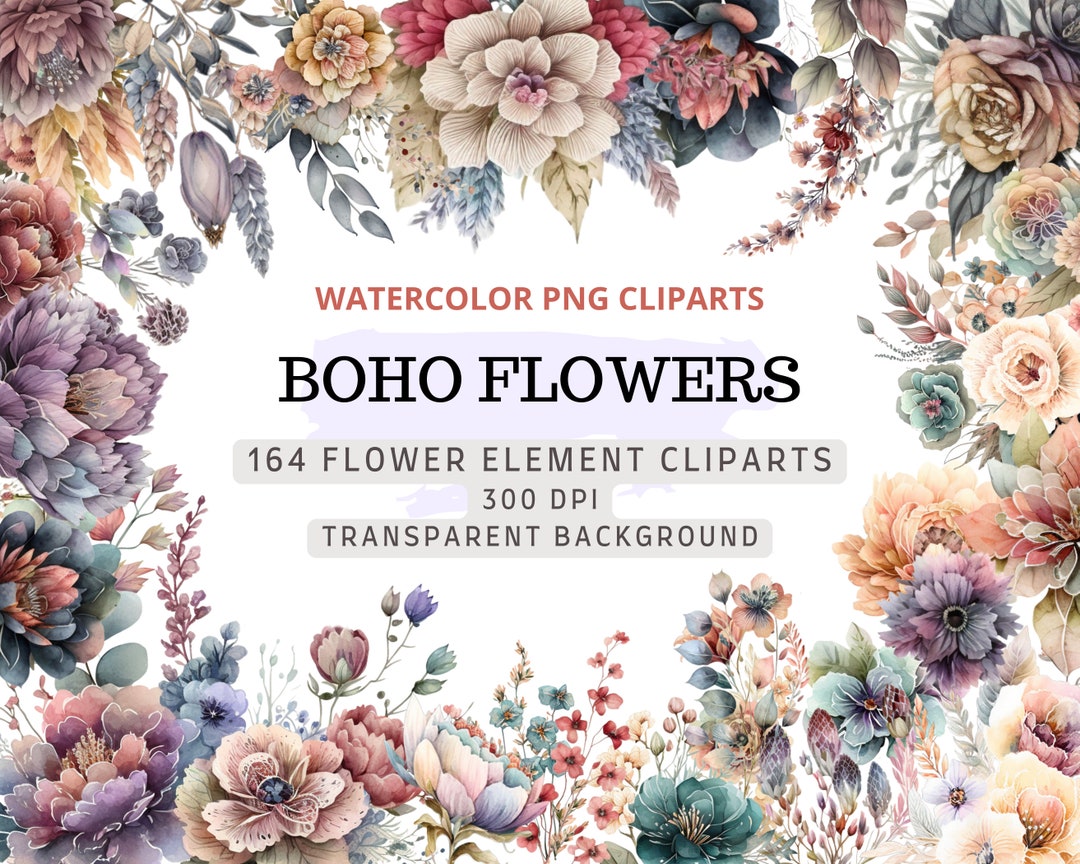 Boho Flowers PNG, Watercolor Flowers Clipart, Elements, Commercial Use ...