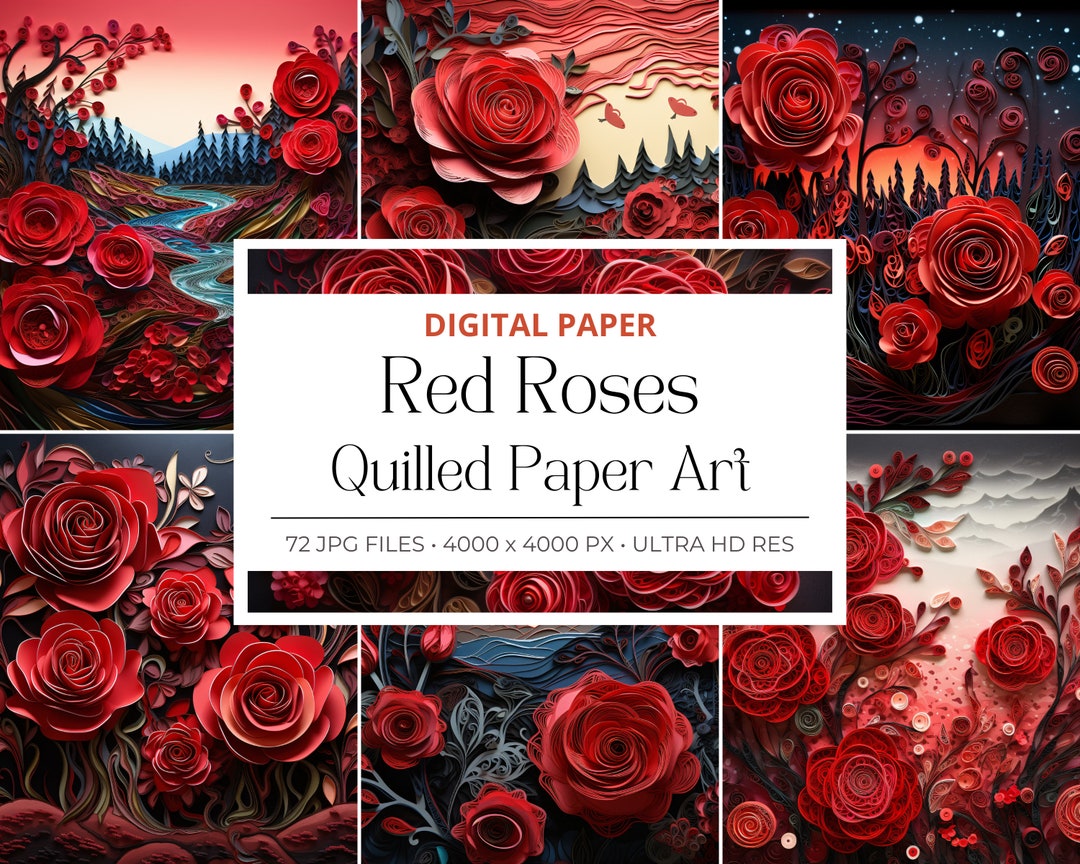 72 Red Roses Paper Quill Digital Paper, Junk Journal Paper, Printable ...