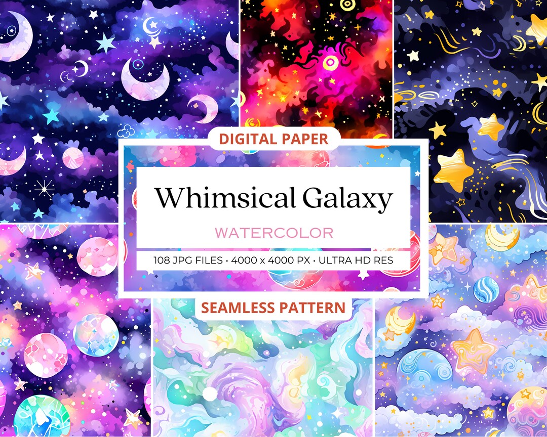 108 Watercolor Whimsical Galaxy Seamless Pattern Designs, Digital ...