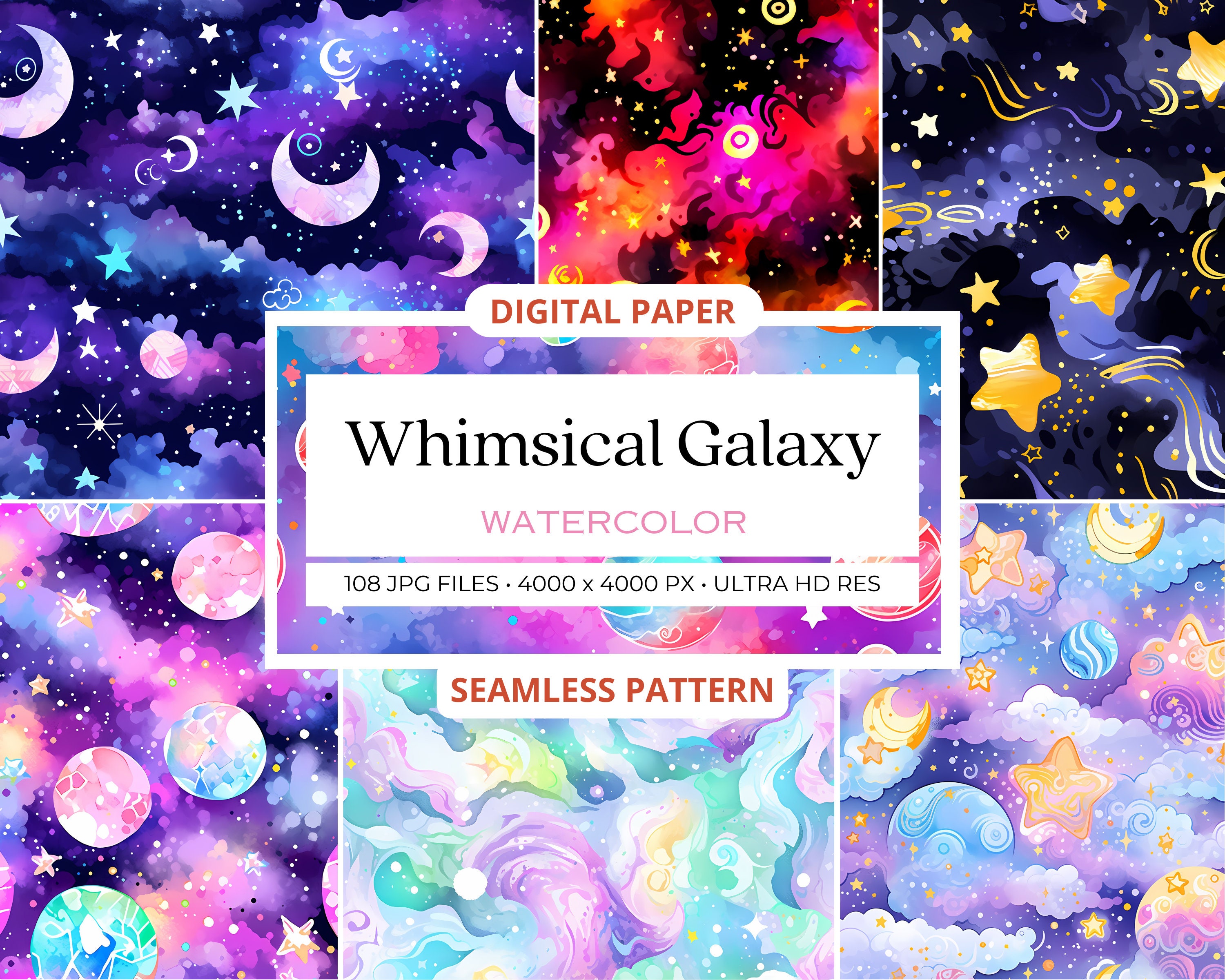 108 Watercolor Whimsical Galaxy Seamless Pattern Designs, Digital ...