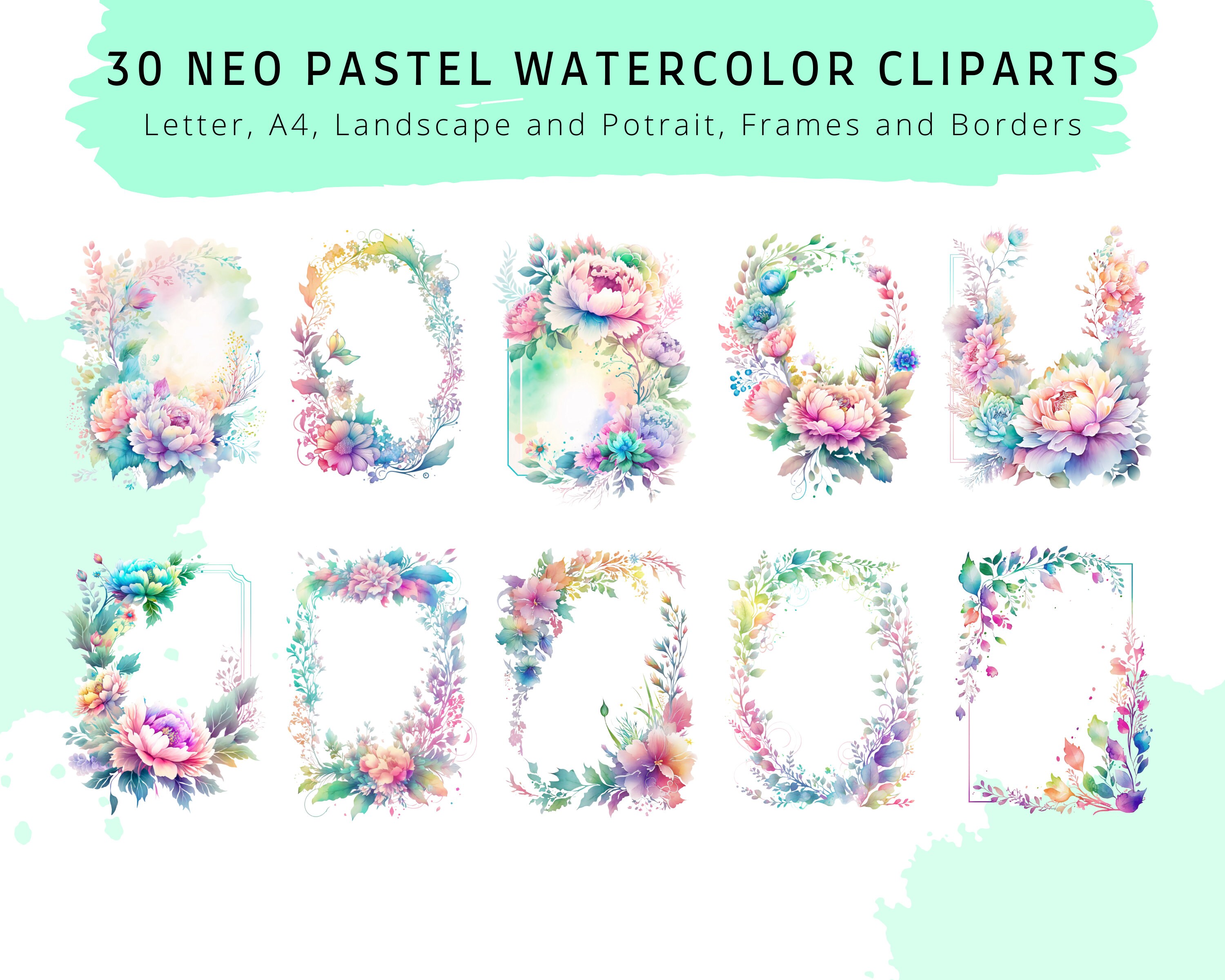 30 Neon Pastel Frames PNG, Watercolor Pastel Floral Cliparts, Pastel ...