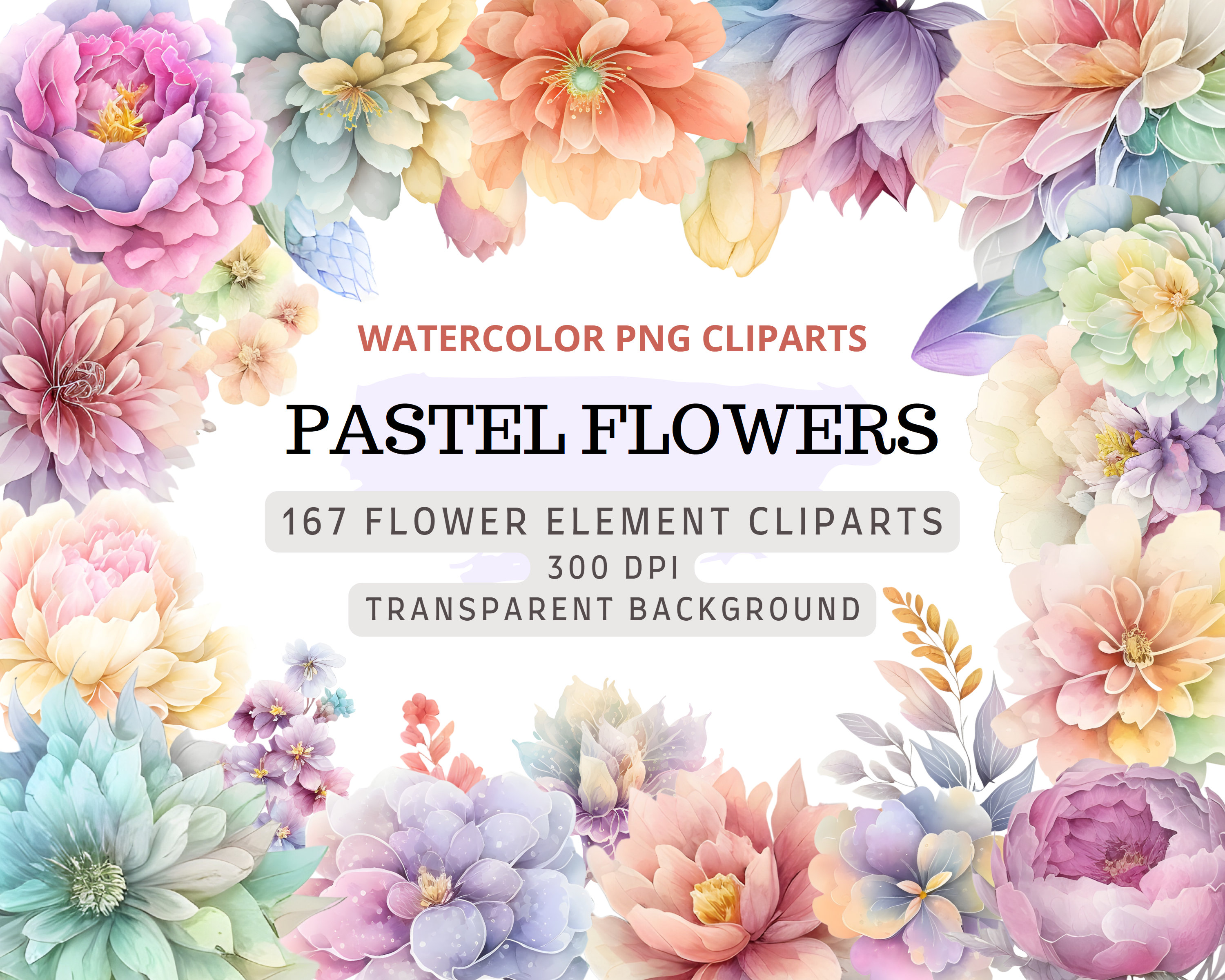 167 Pastel Flowers PNG, Watercolor Pastel Floral Cliparts, Elements ...