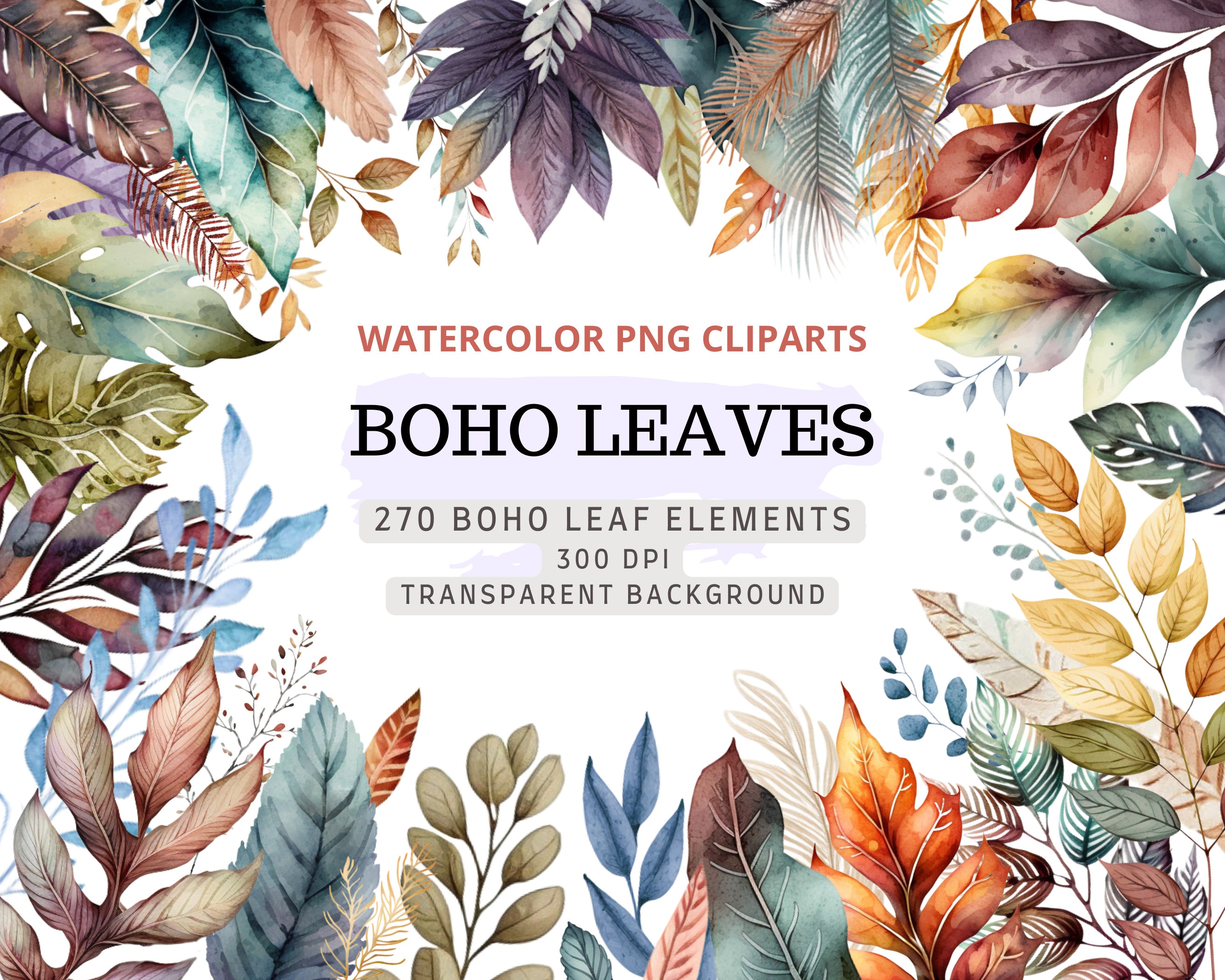 Boho Leaves PNG, Watercolor Leaves and Feathers Clipart, Elements ...