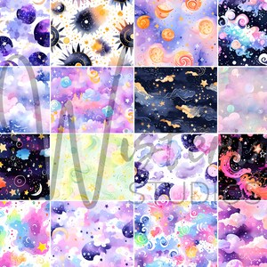 108 Watercolor Whimsical Galaxy Seamless Pattern Designs, Digital ...