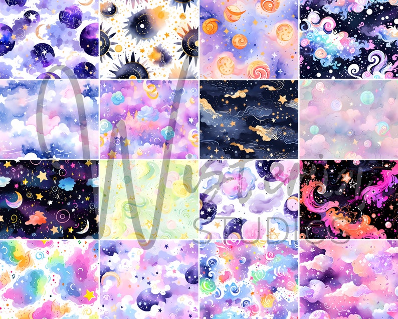 108 Watercolor Whimsical Galaxy Seamless Pattern Designs, Digital ...