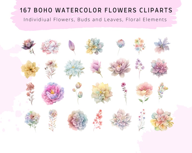 167 Pastel Flowers PNG, Watercolor Pastel Floral Cliparts, Elements ...