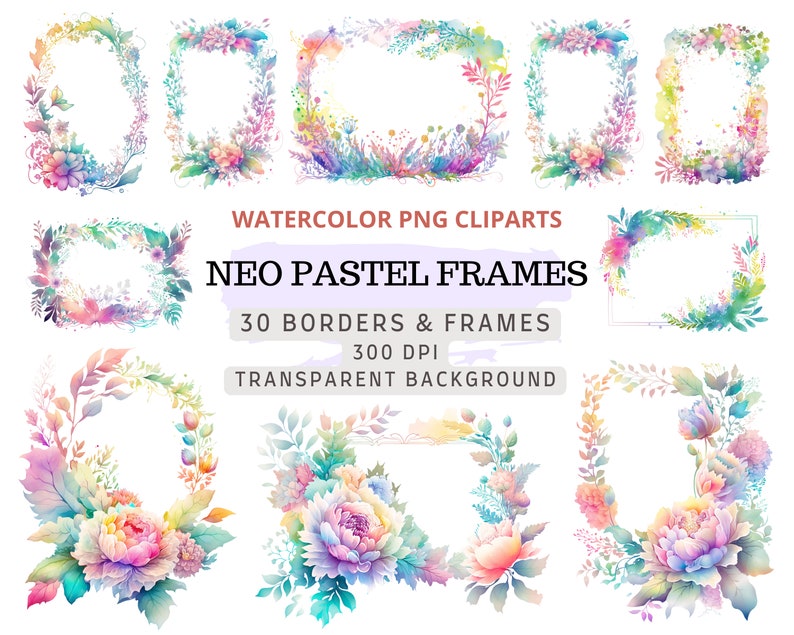 30 Neon Pastel Frames PNG Watercolor Pastel Floral Cliparts - Etsy