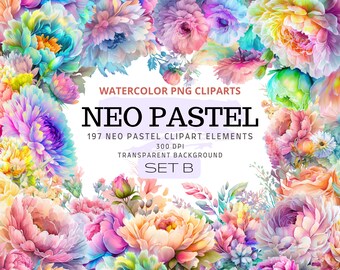 197 Neon Pastel Flowers PNG, Watercolor Floral Clipart Bouquets ...