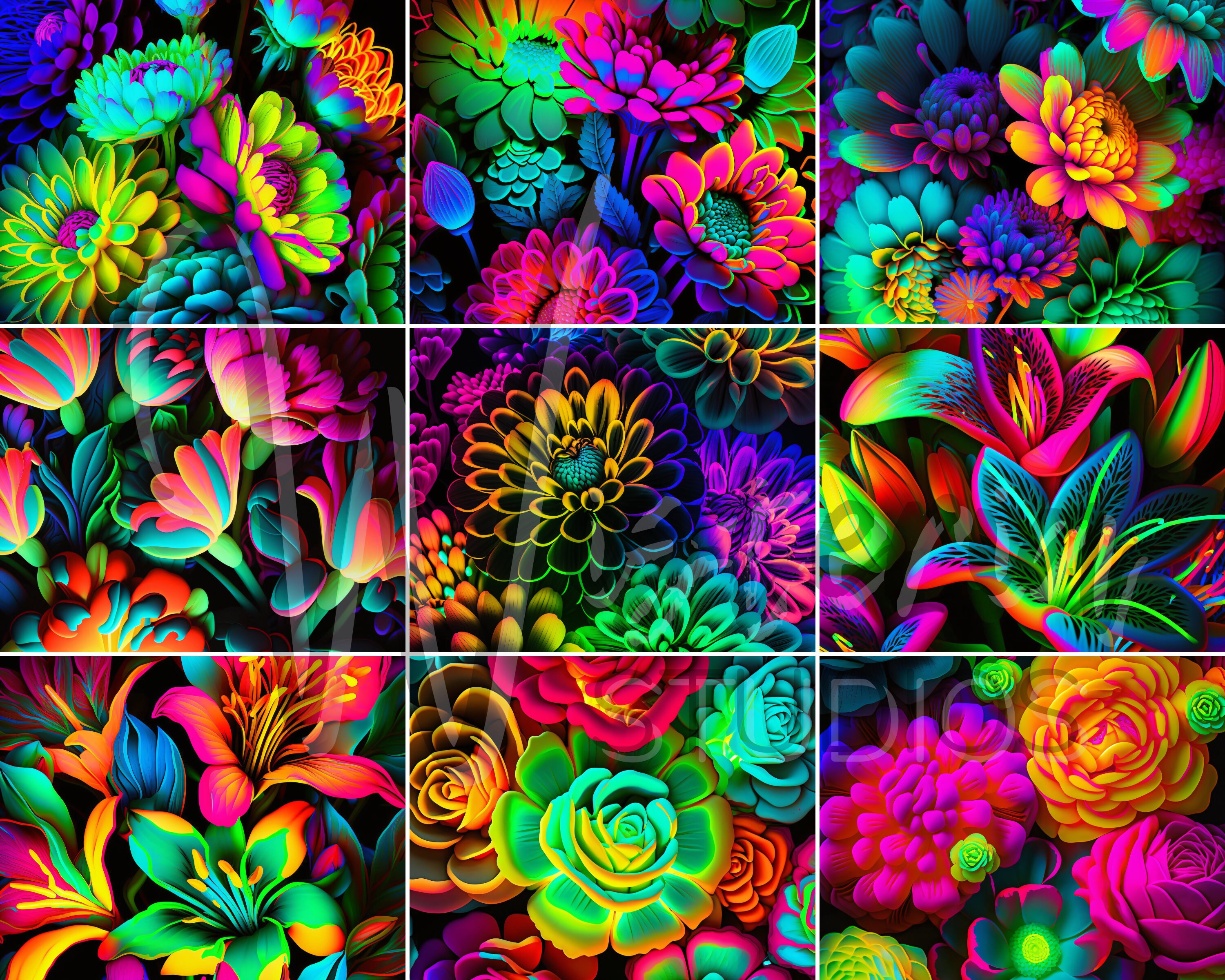 60 Bright Neon Flowers Digital Paper, Abstract Neon Floral Background ...