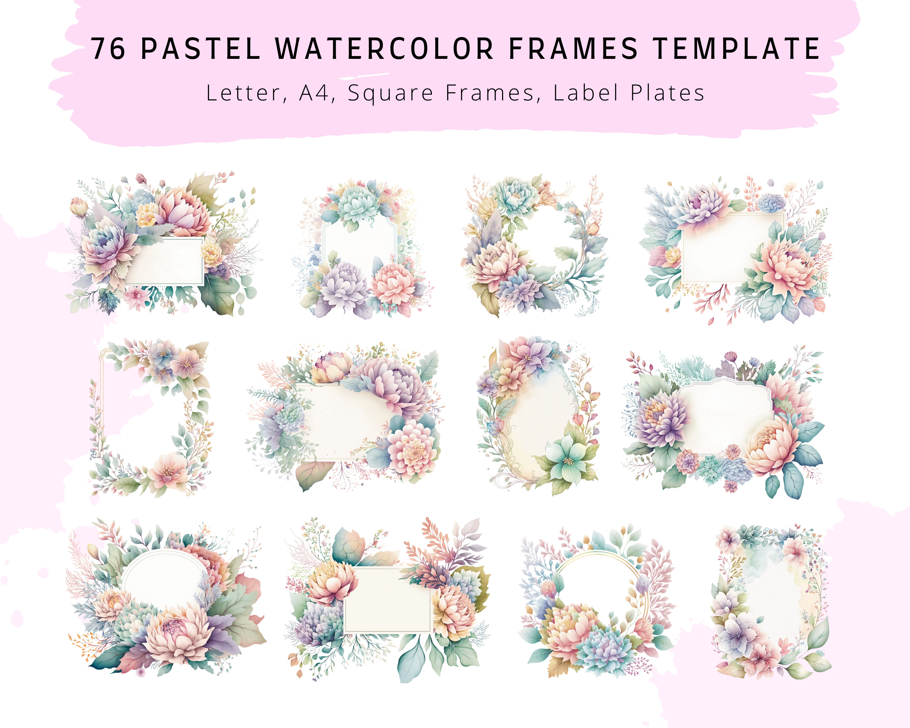 76 Pastel Frames PNG, Watercolor Pastel Floral Cliparts, Pastel Borders ...