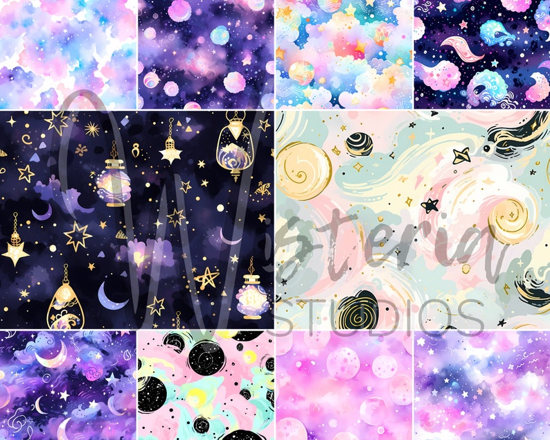 108 Watercolor Whimsical Galaxy Seamless Pattern Designs, Digital ...