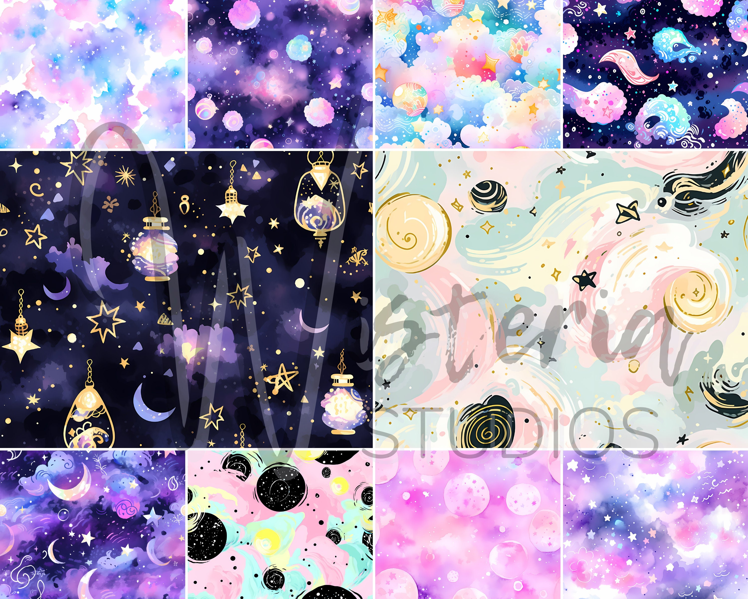 108 Watercolor Whimsical Galaxy Seamless Pattern Designs, Digital ...